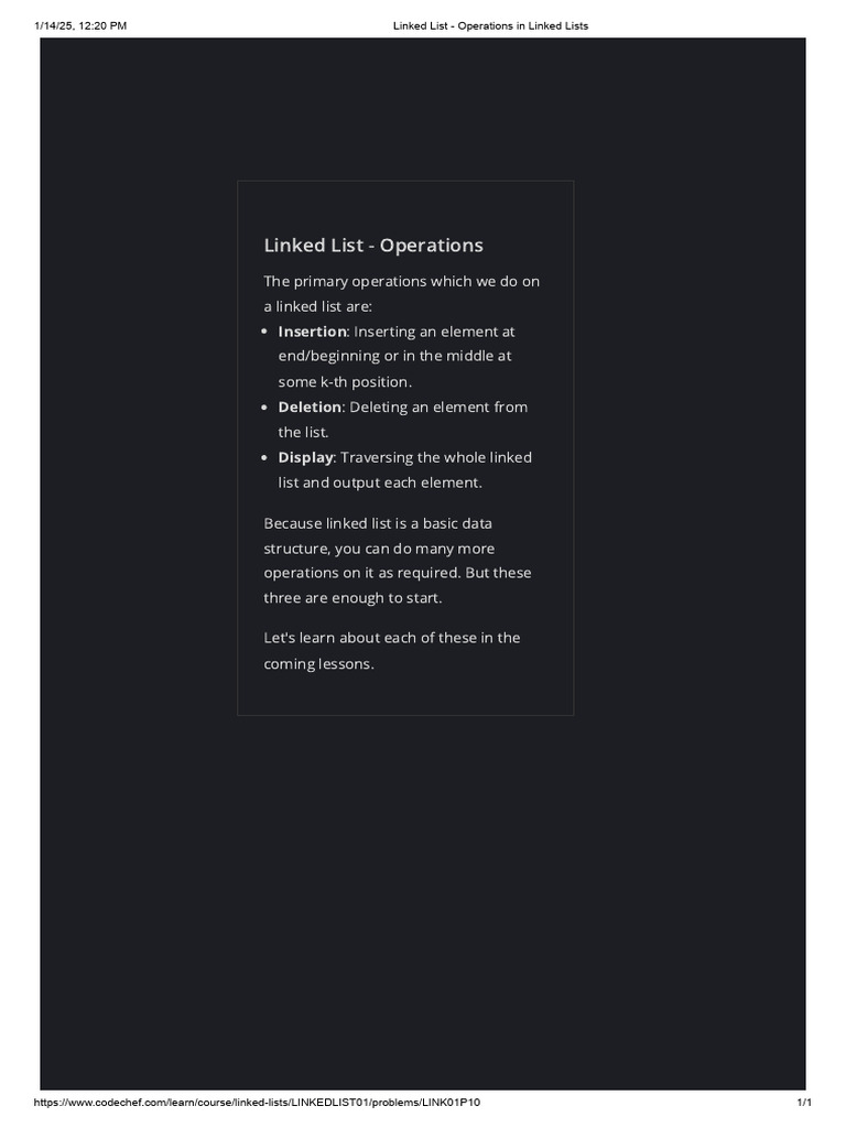 Linked List - Operations in Linked Lists | PDF
