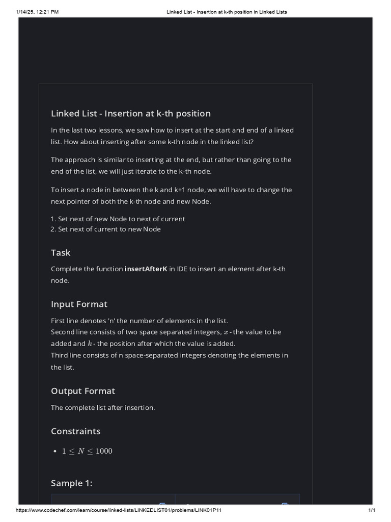 Linked List - Insertion at k-th position in Linked Lists | PDF
