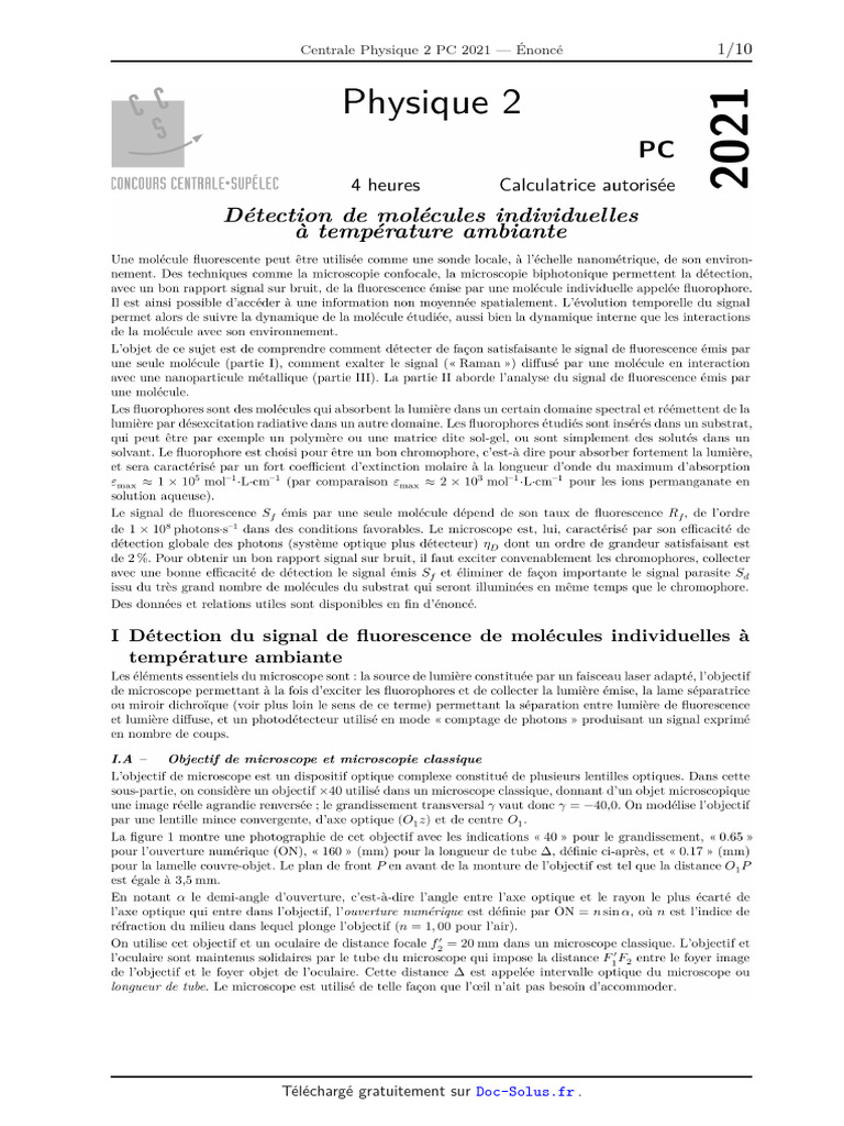 PC PHYSIQUE CENTRALE 2 2021.enonce | PDF