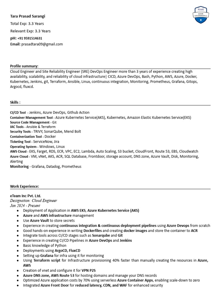 Tara_DevOps_Exp | PDF | Amazon Web Services | Microsoft Azure