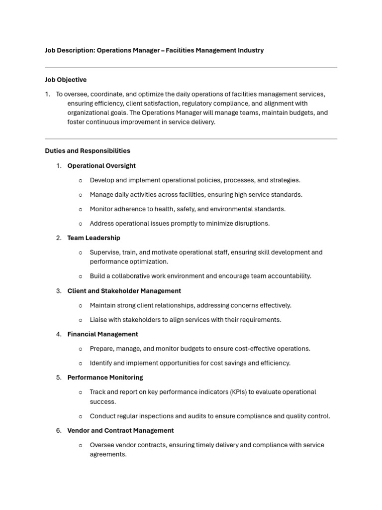 Job Description Operations Manager | PDF | Regulatory Compliance | Performance Indicator