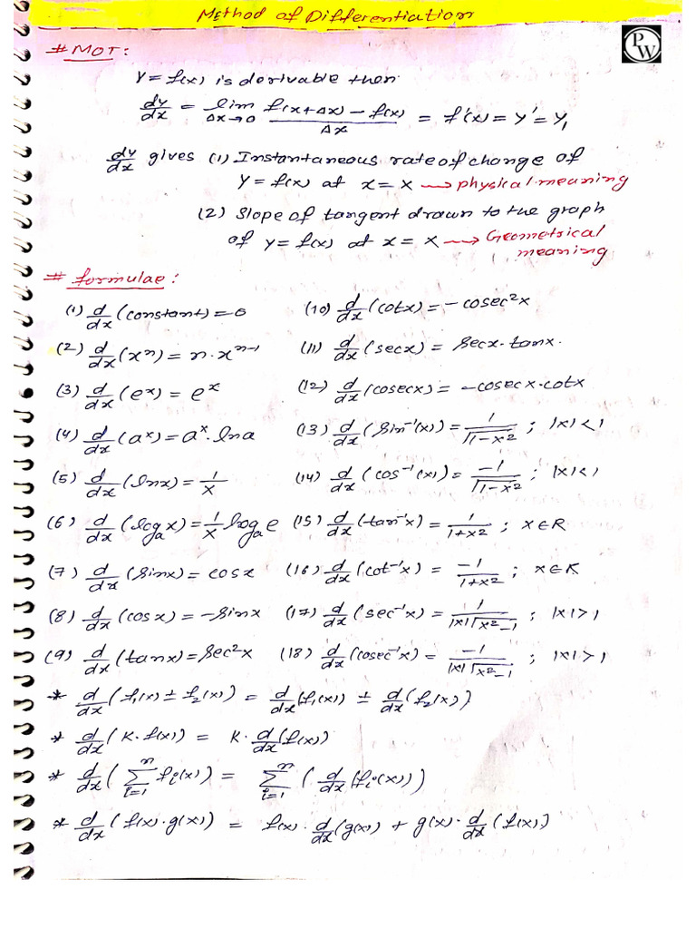 Methods of Differentiation Handwritten Notes Lakshya JEE ...