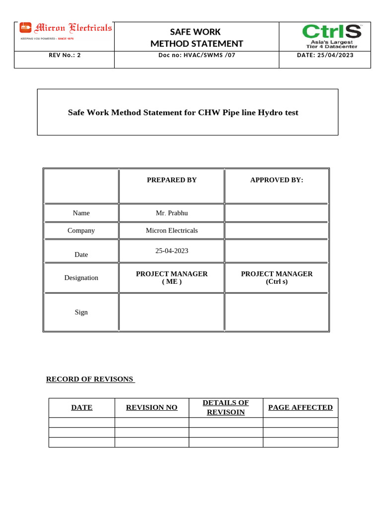 Swms For Chill Water Pipe Line Hydro Test | PDF | Welding | Construction