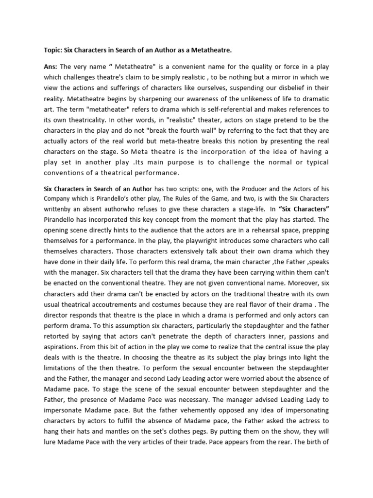 Six Characters in Search of An Author As A Metatheatre. | PDF | Theatre ...