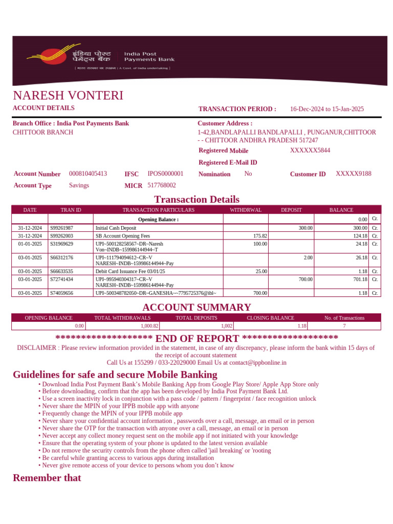 AccountStatement Report 6101019188 15012025 17 24 | PDF | Banks | Service Industries