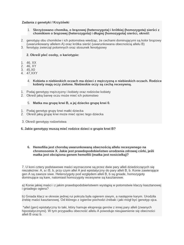 Zadania Z Genetyki - Krzyżówki Genetyczne | PDF
