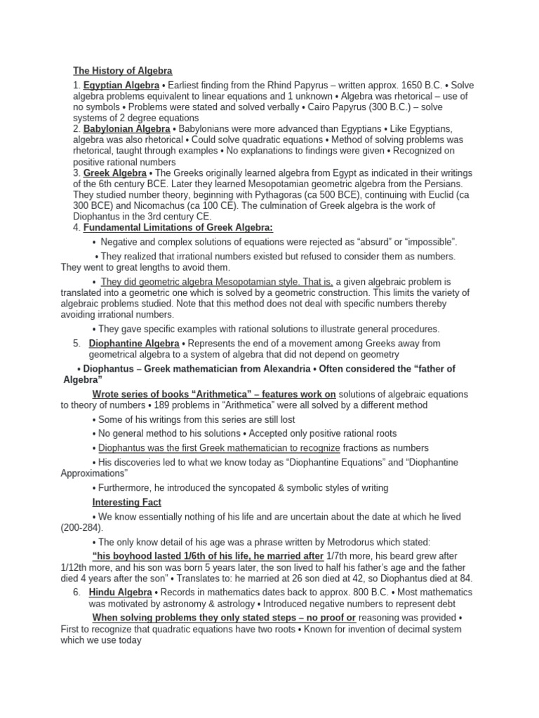 History of Algebra | PDF | Algebra | Numbers
