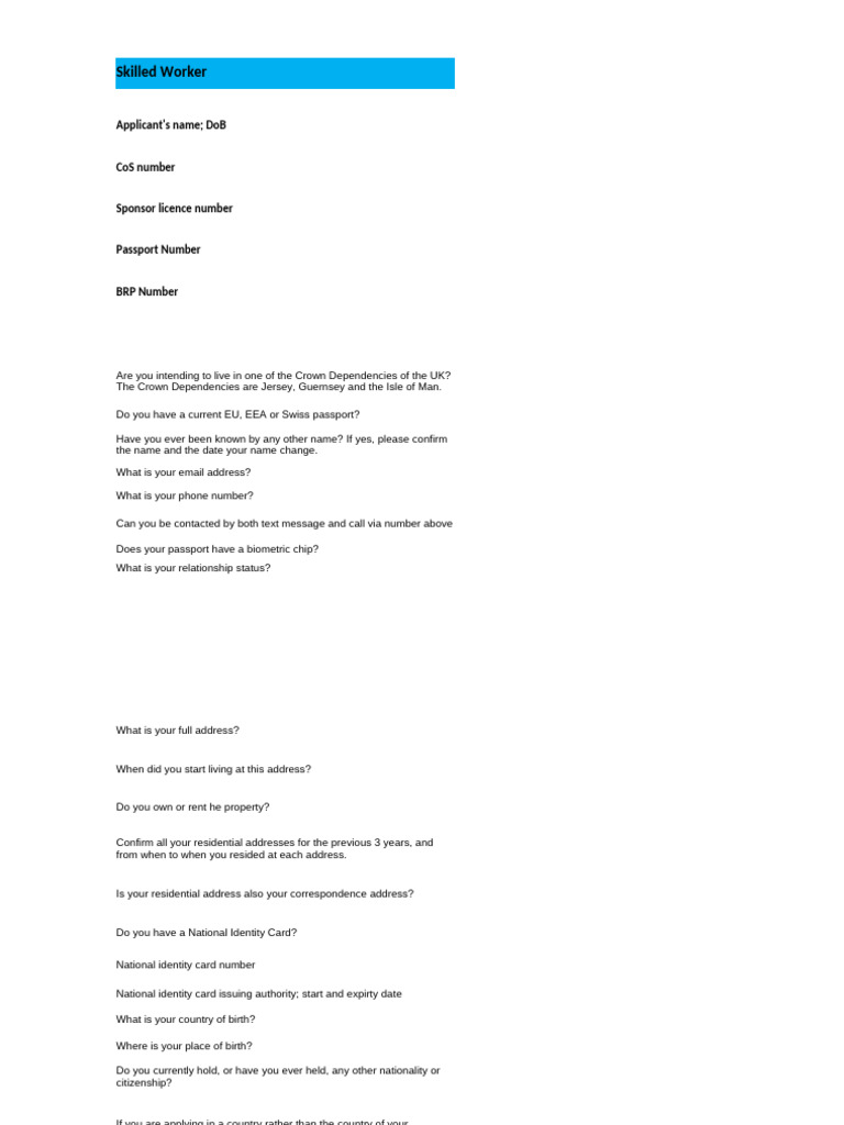 Template - Skilled Worker Questionnaire V6 | PDF | Identity Document ...