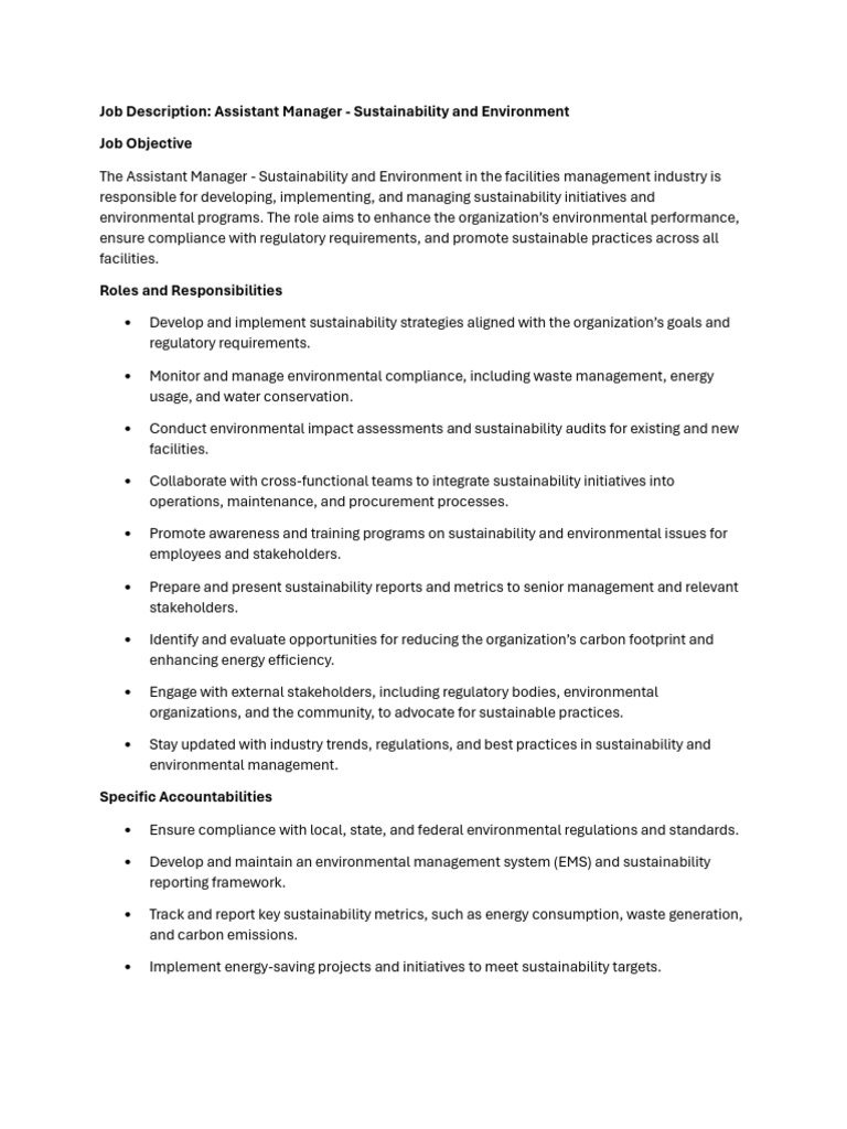 Assistant Manager - Sustainability Role | PDF | Sustainability ...