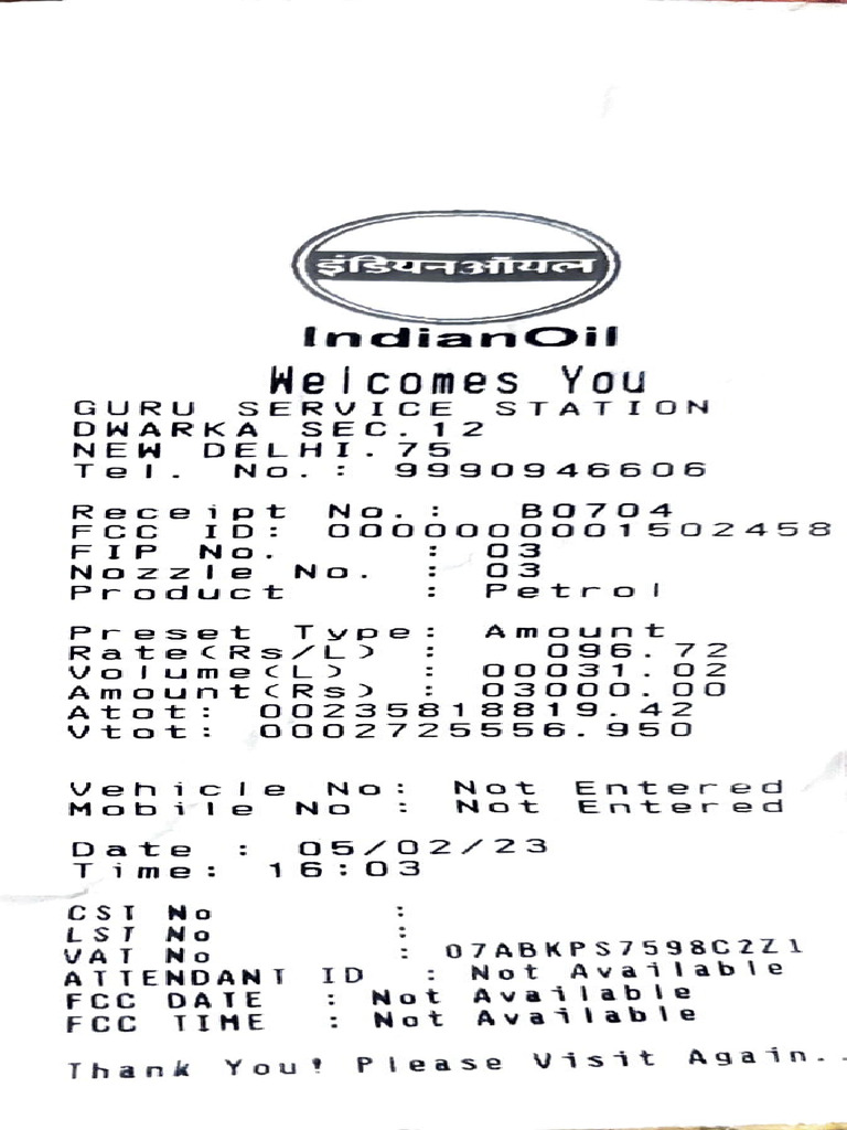 IndianOil Dharka Service Station Receipt | PDF