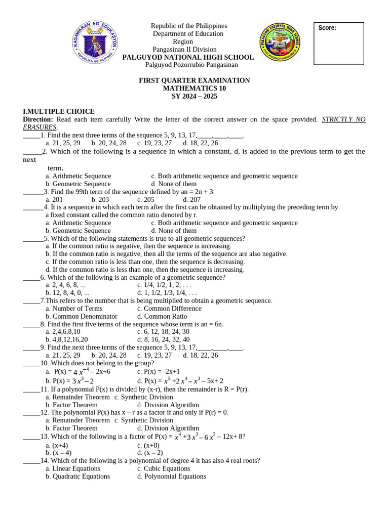 Mathematics 10 First Quarter Exam | PDF | Equations | Factorization
