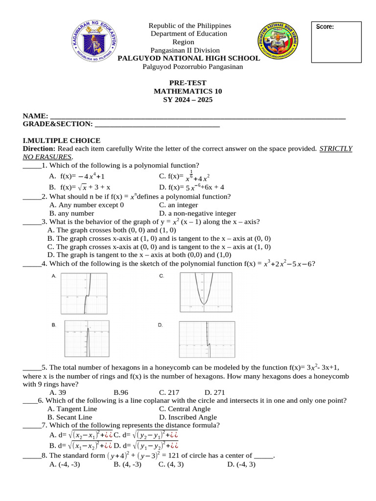2ND Quarter Math 10 - Pre-Test | PDF | Circle | Angle