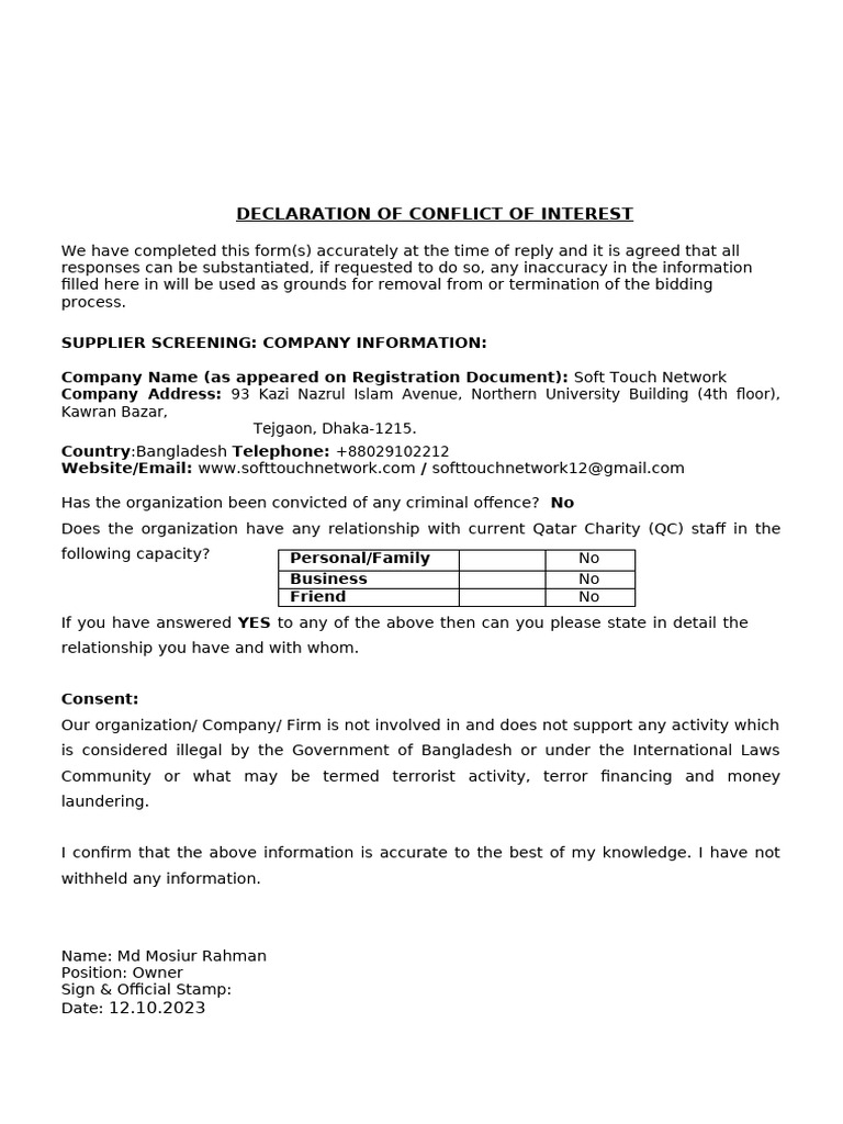 Declaration of Conflict of Interest | PDF