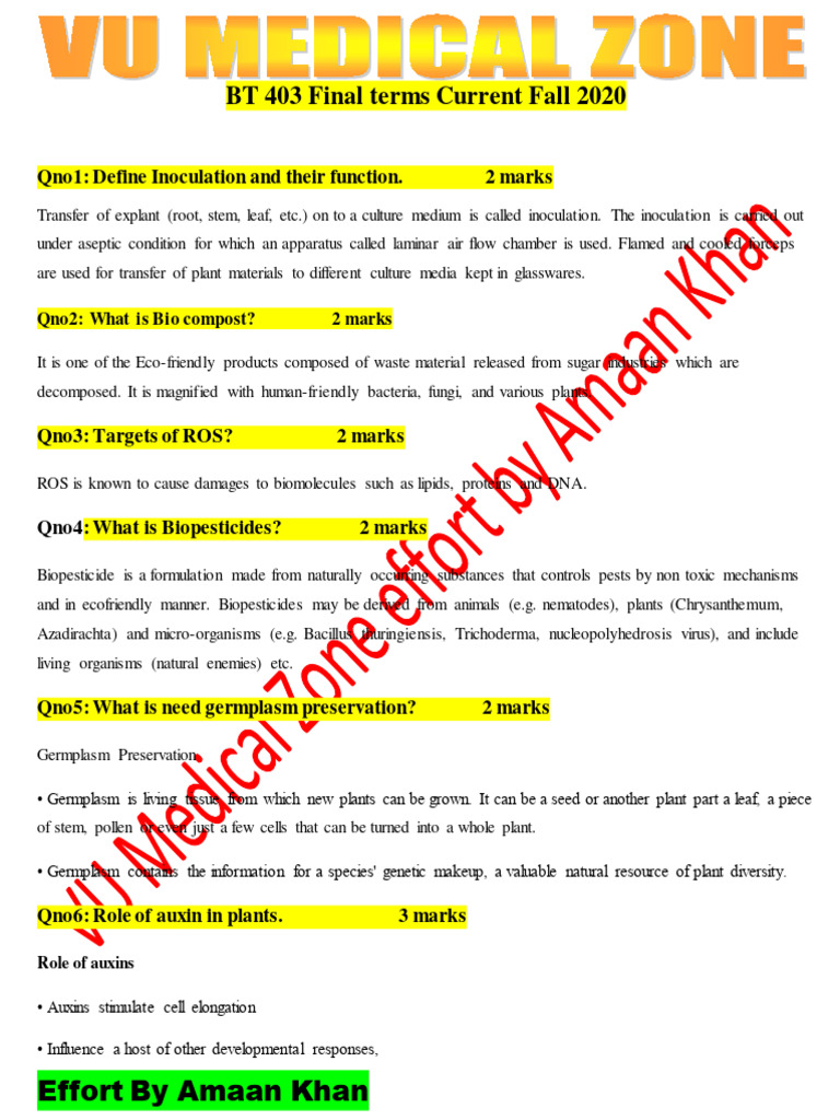 BT 403 Final Term Fall 2020 by Amaan Khan-1 | PDF | Transformation (Genetics) | Plant Breeding