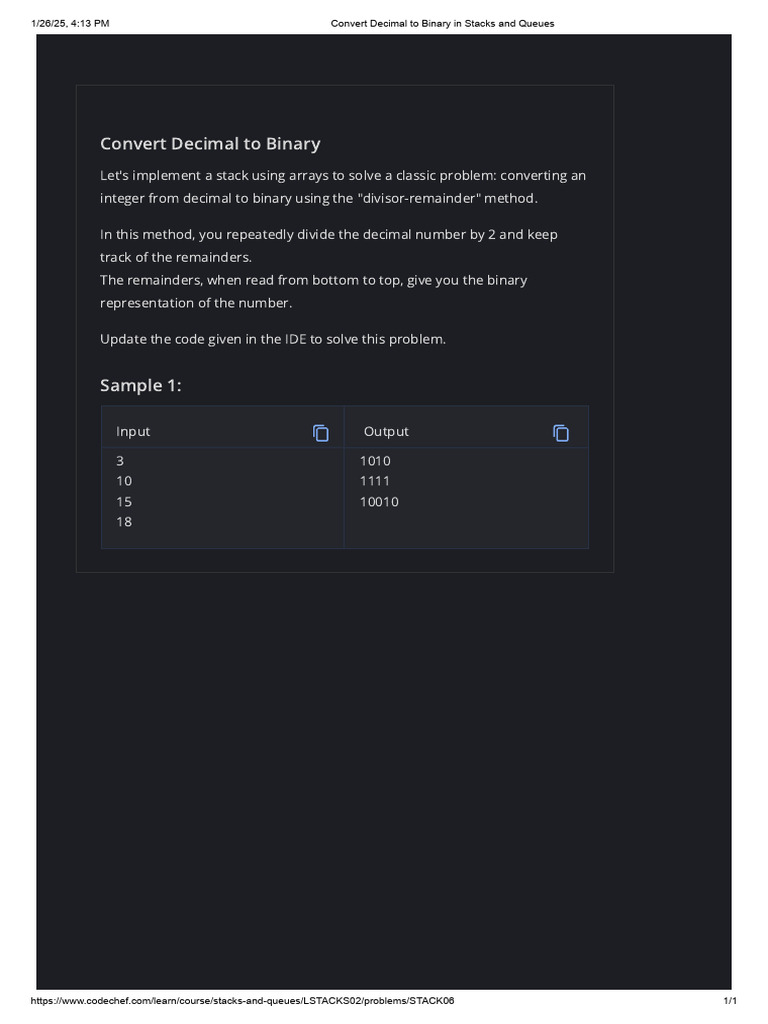 Decimal to Binary with Stacks | PDF