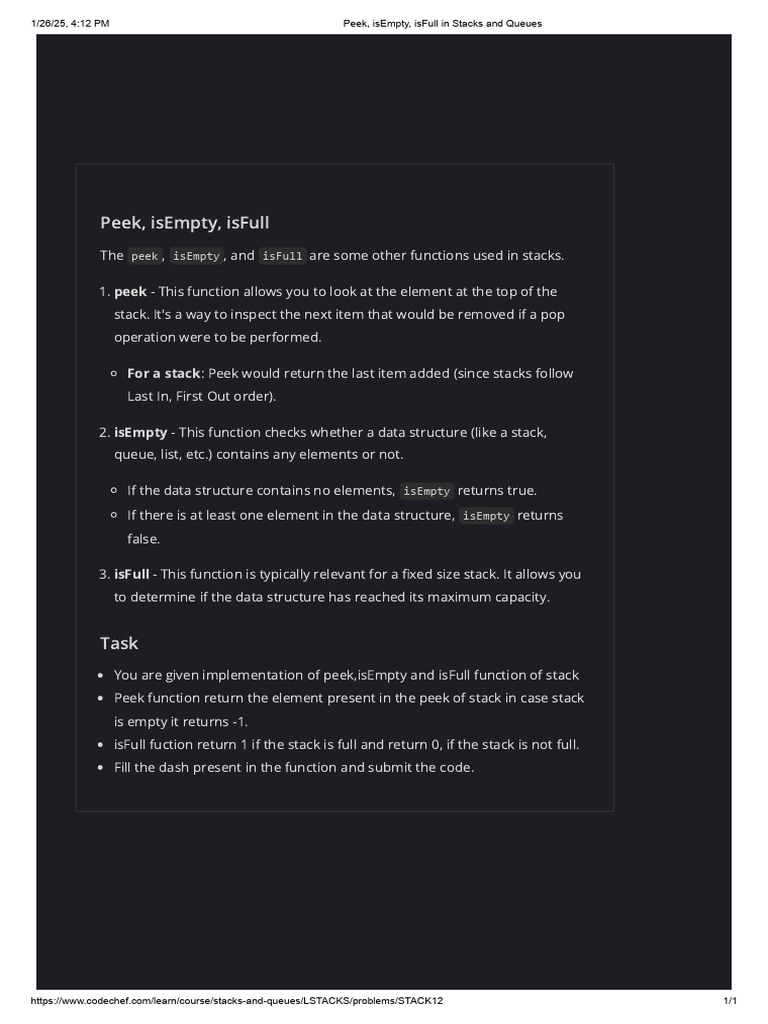 Peek, Isempty, Isfull in Stacks and Queues | PDF