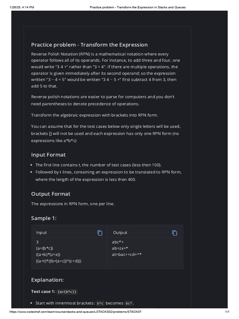 Practice problem - Transform the Expression in Stacks and Queues | PDF