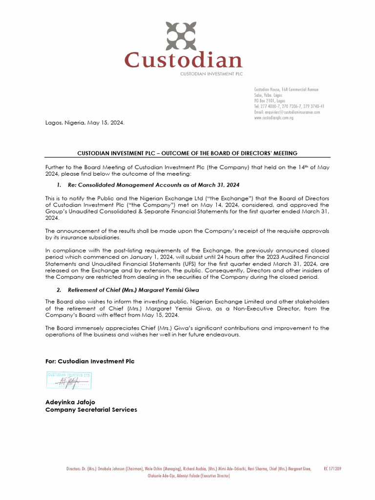 Custodian - Notice On Q1 2024 Board Meeting Outcome | PDF