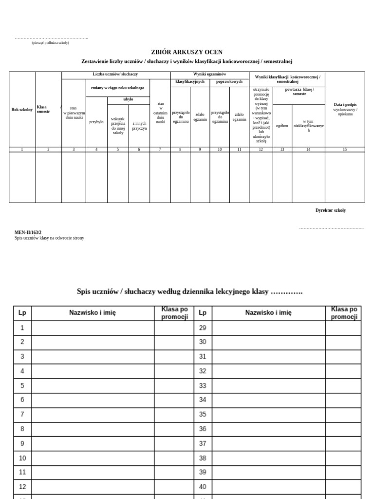 Druk Lista Arkuszy Ocen | PDF