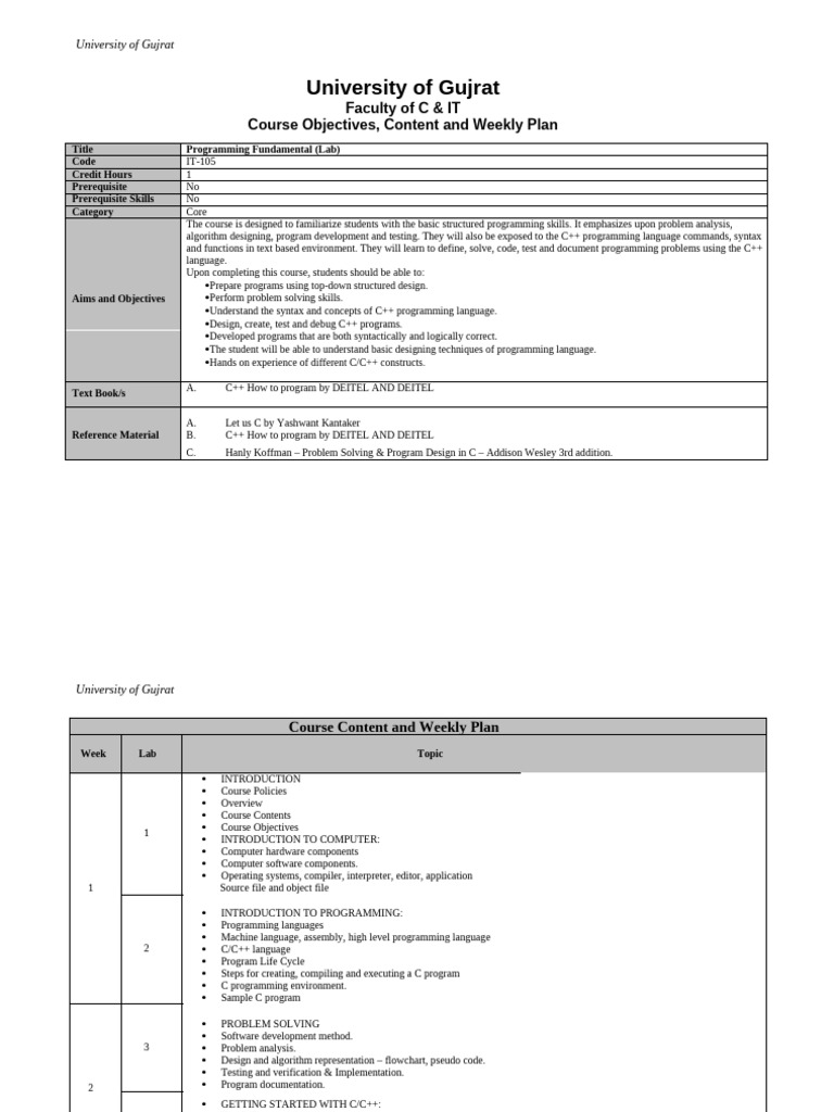 Programming Fundamental Lab It 105 Pdf Computer Programming C Programming Language