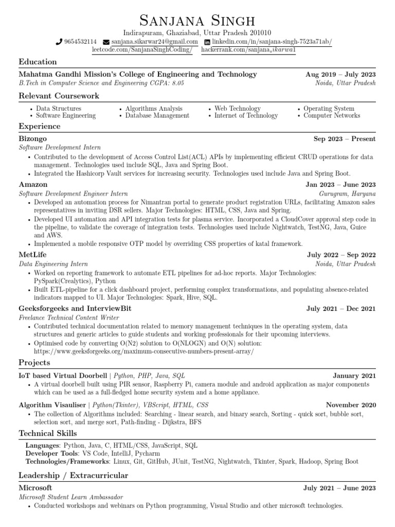 Sanjana_Resume | PDF | Java (Programming Language) | Computer Programming Sanjana_Resume | PDF | Java (Programming Language) | Computer Programming