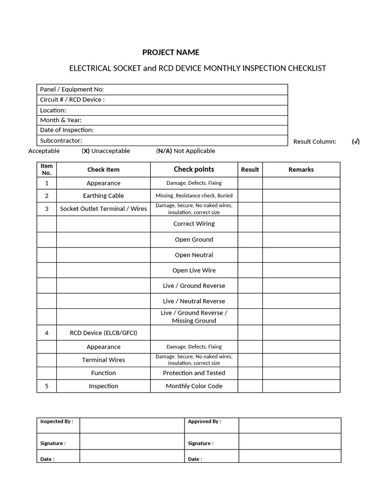 Electrical Socket and RCD Device Monthly Inspection Checklist | PDF
