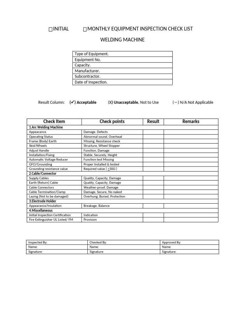 Welding Machine Inspection Checklist | PDF