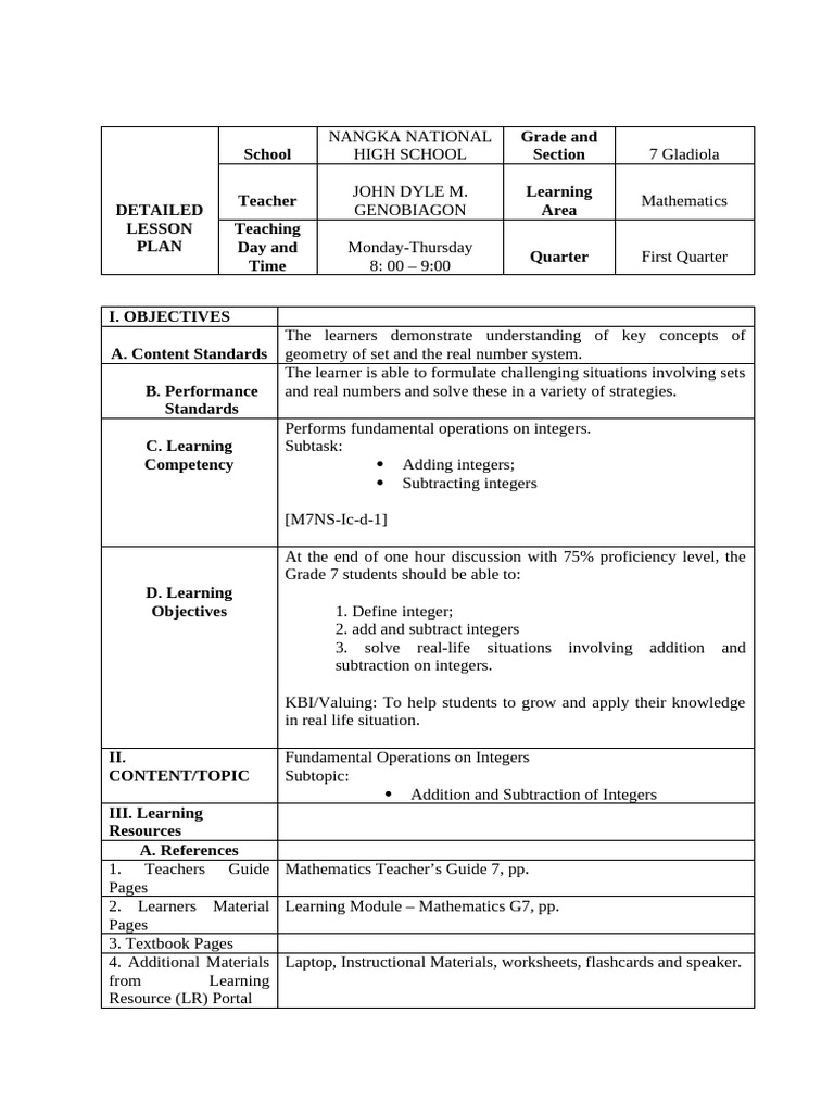 7Es-lesson-plan | PDF | Subtraction | Numbers