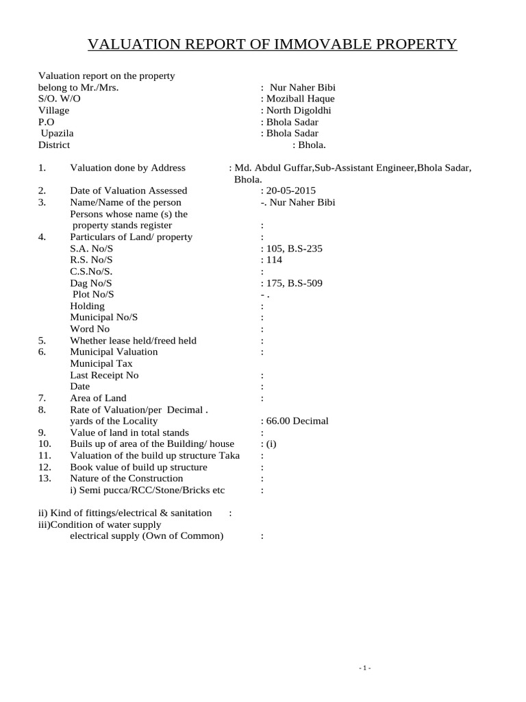 Property Valuation Report for Bhola | PDF | Property Law | Balance Sheet