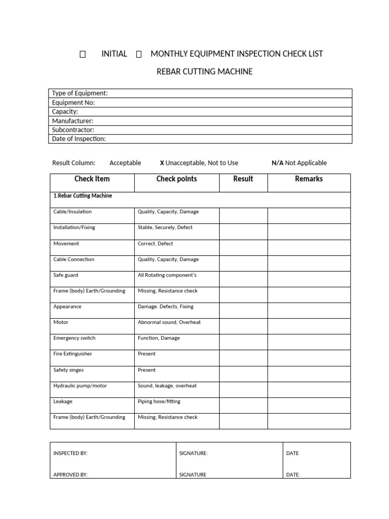 Rebar Bending Machine Monthly Inspection Checklist | PDF