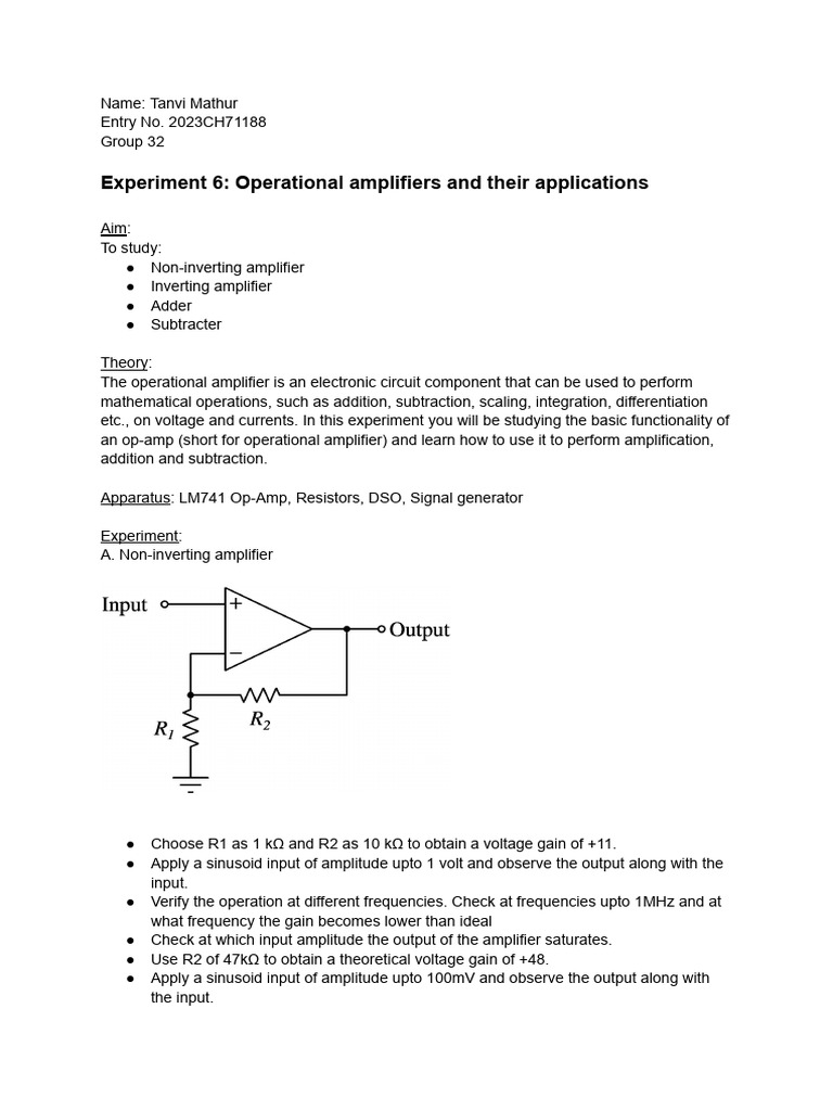Experiment 6 - Operational Amplifiers and Their Applications | PDF ...