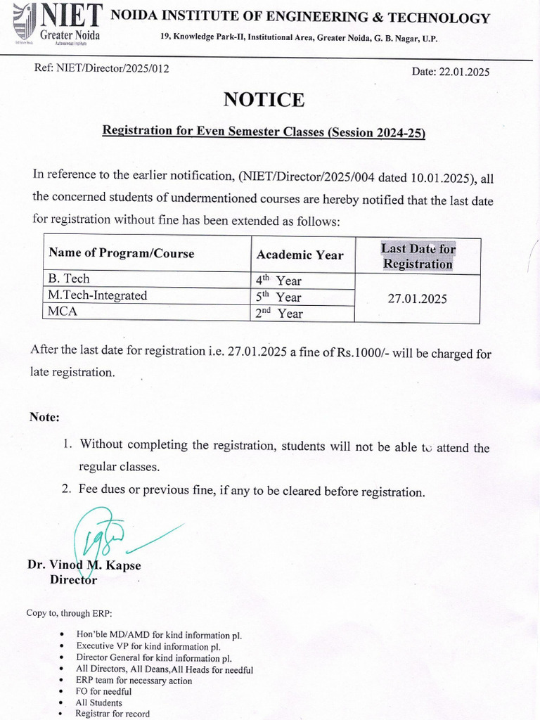 Notice - Final Year Dated Extended For Registration | PDF
