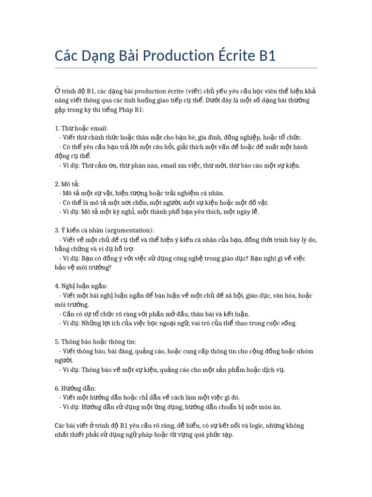 Dang Bai Production Ecrite B1 | PDF