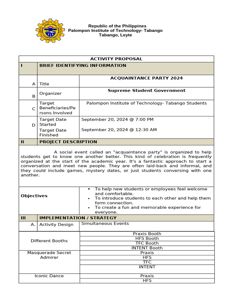 Acquaintance Party 2024 Proposal | PDF