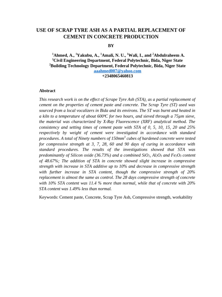 Use of Scrap Tyre Ash as a Partial Replacement of Cement in Concrete ...