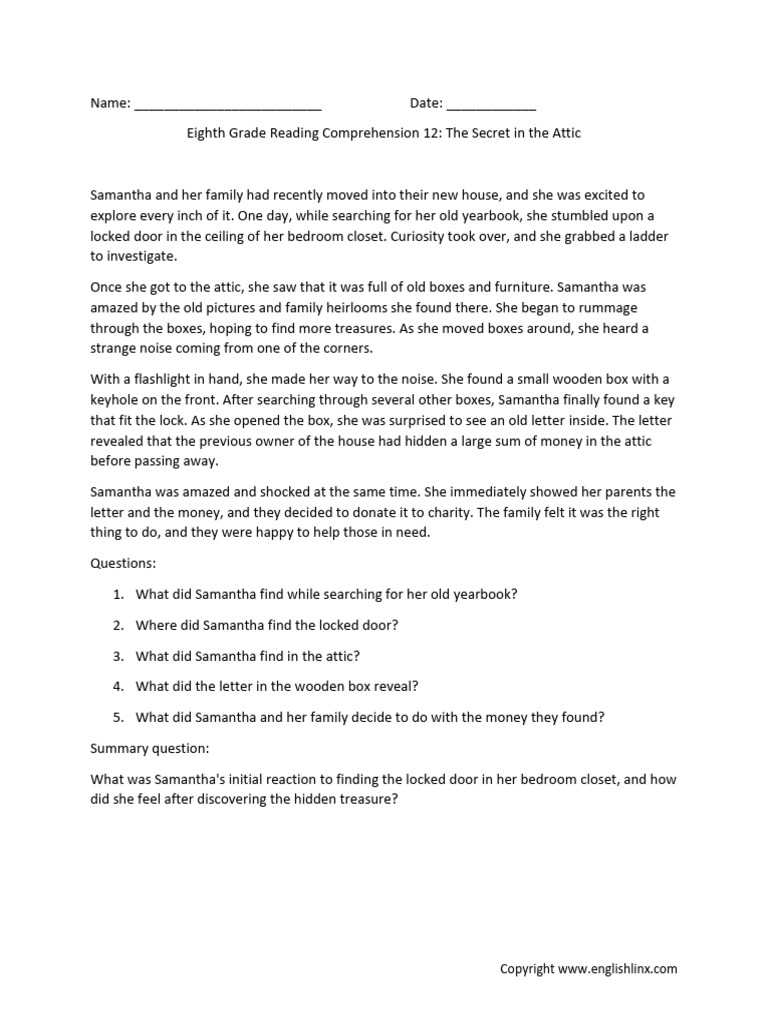 Reading Comprehension Grade 8 Secret in Attic 12 | PDF