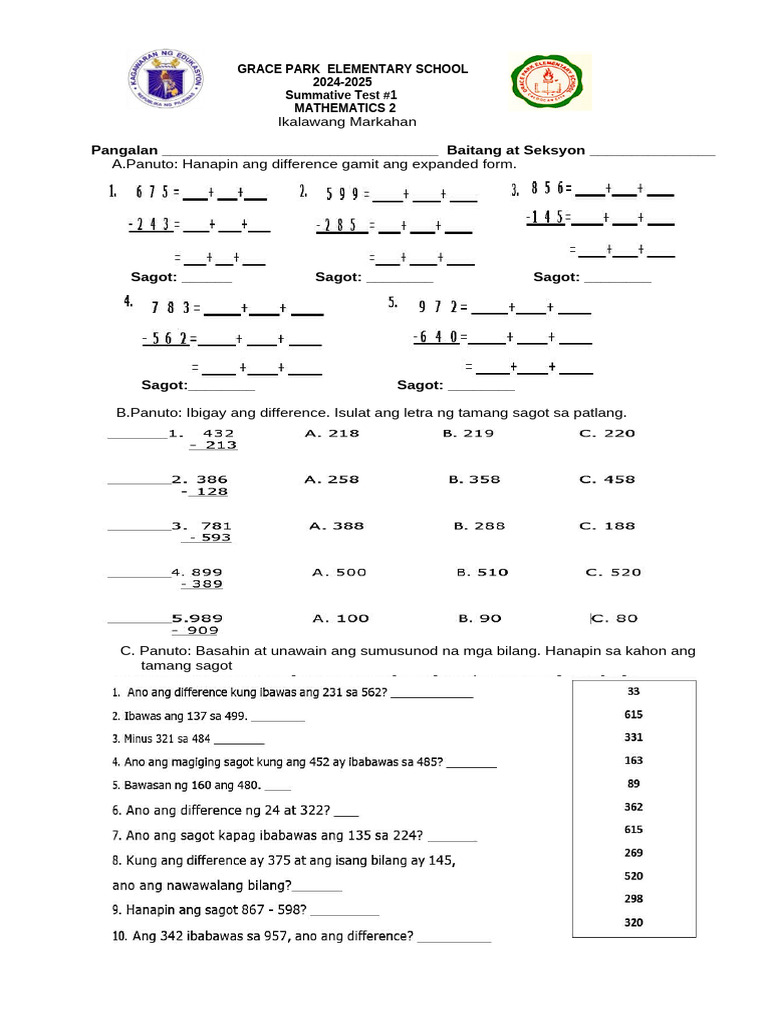 Math 2 q2 Summative Test No. 1 | PDF