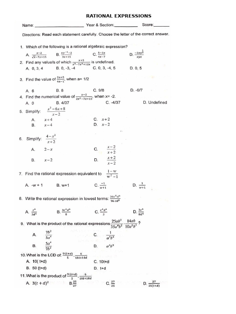RATIONAL EXPRESSIONS.QUIZ | PDF