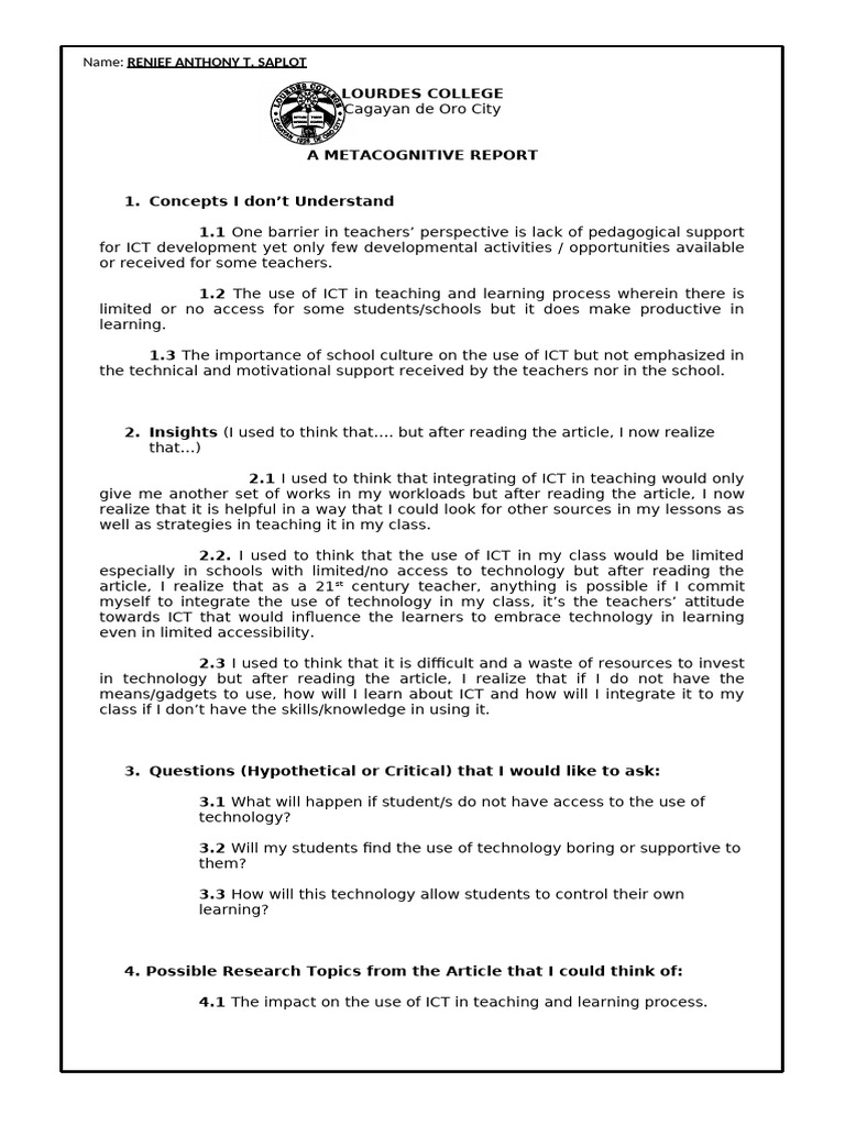 Metacognitive Report Format | PDF | Educational Technology | Learning