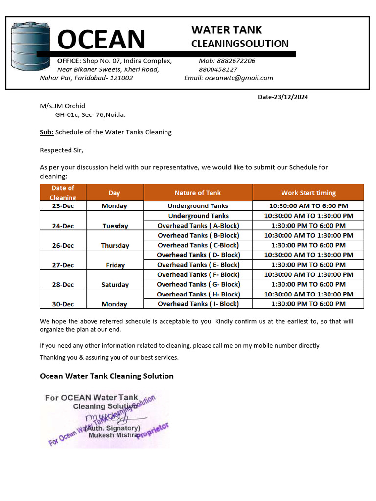 JM Orchid Water Tank Cleaning Schedule | PDF