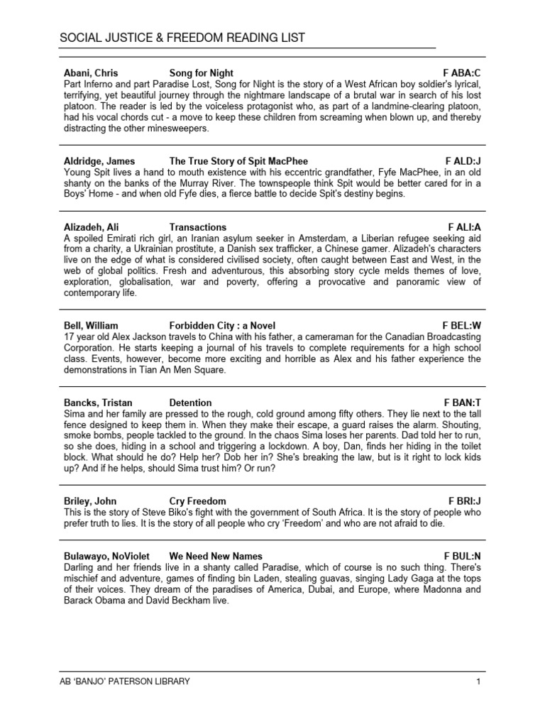 Social Justice & Freedom Book List | PDF | To Kill A Mockingbird