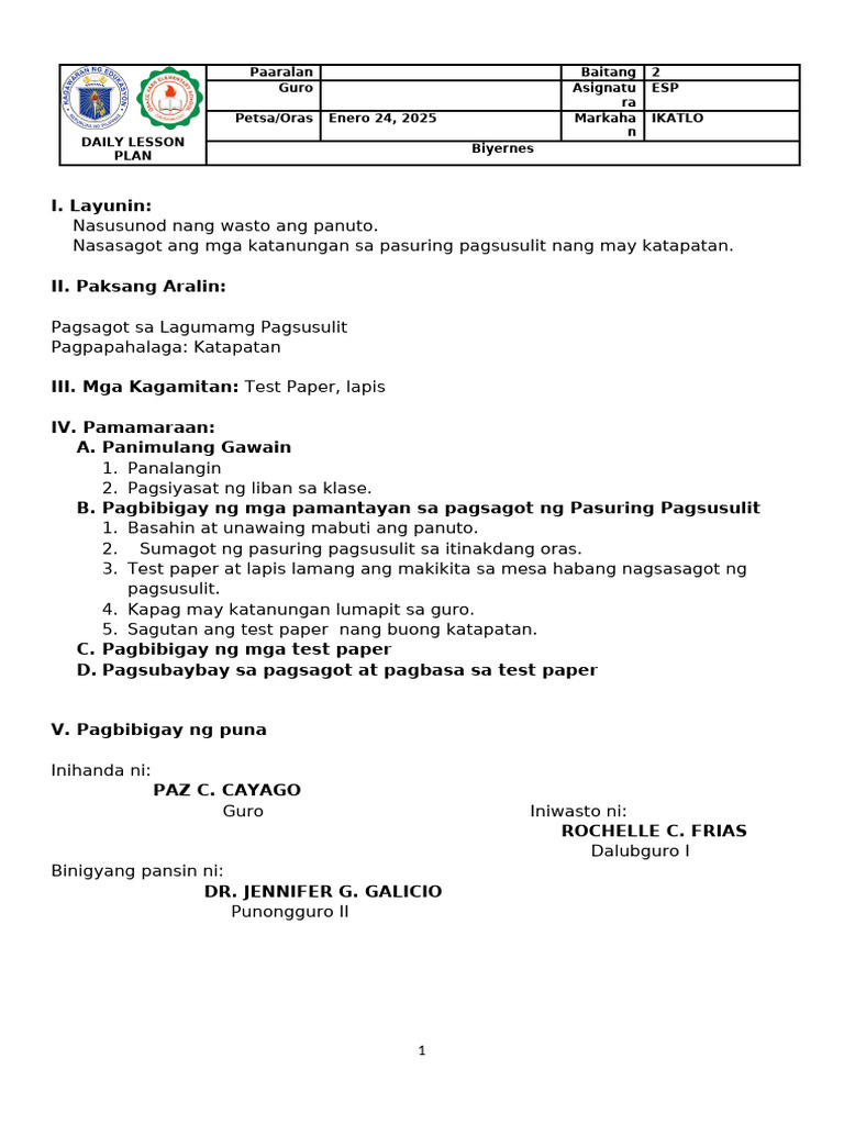 LP Summative Test Esp2 Q3 Day 5 Jan. 24 Friday | PDF