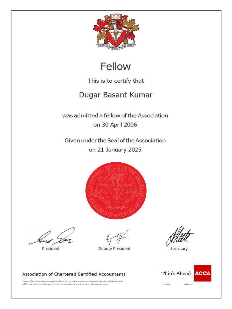 ACCA Fellowship Certificate for Dugar | PDF
