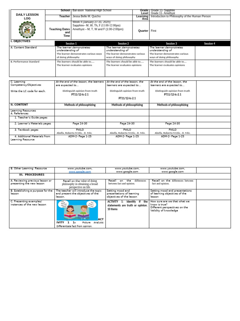Intro To Philosophy Week 4 DLL | PDF | Truth | Reality