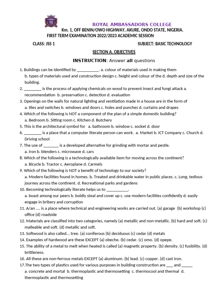 JSS1 Basic Tech-WPS Office | PDF | Wood | Metals