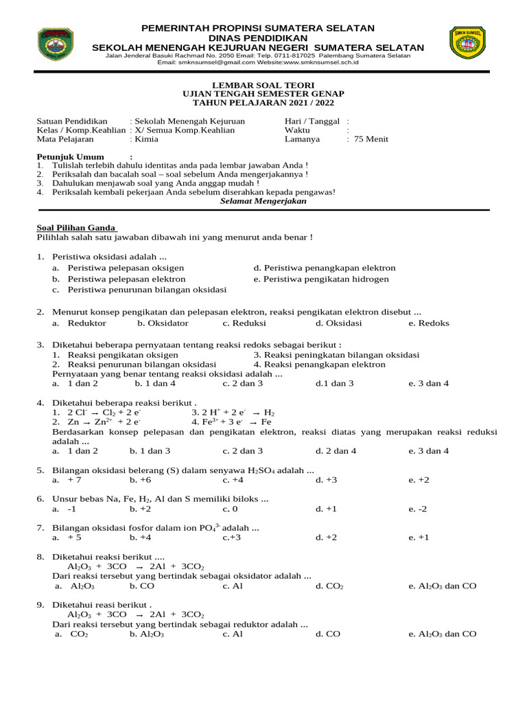 Soal UTS Kimia Kls X Genap 2021-2022 | PDF