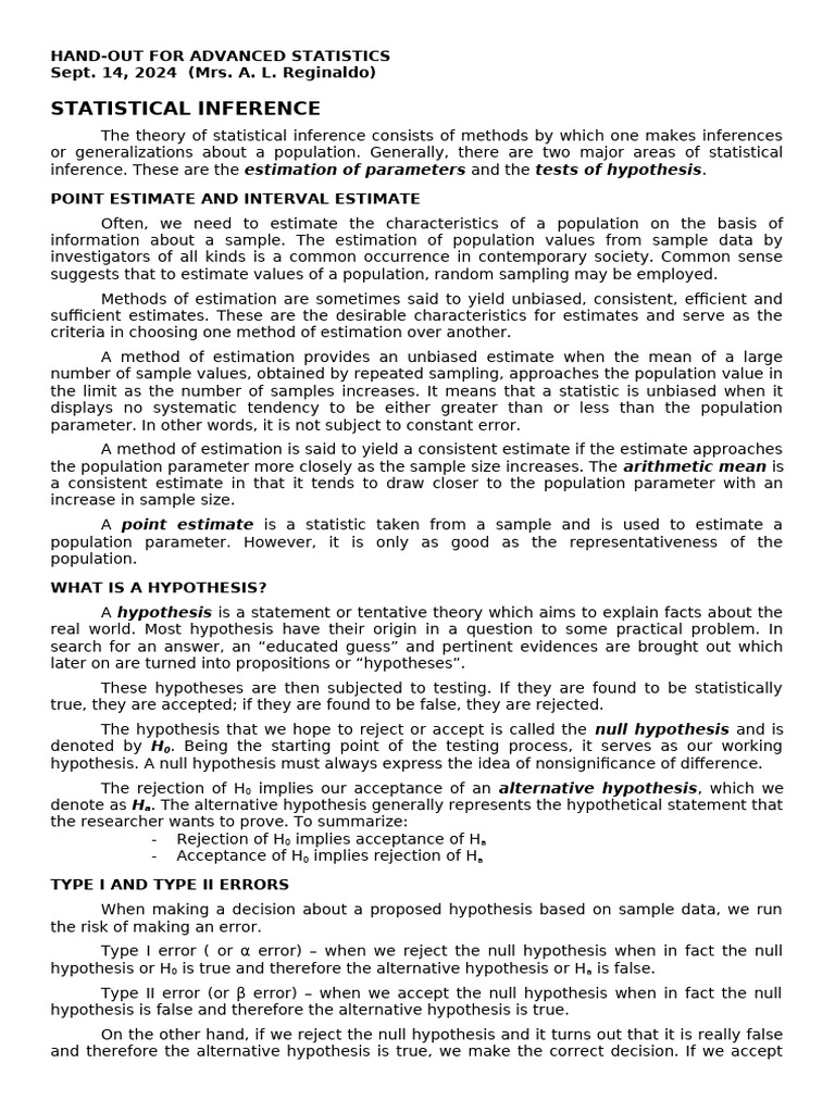 Handout#3 - Statistical Inference, z and t Test | PDF | Statistical ...