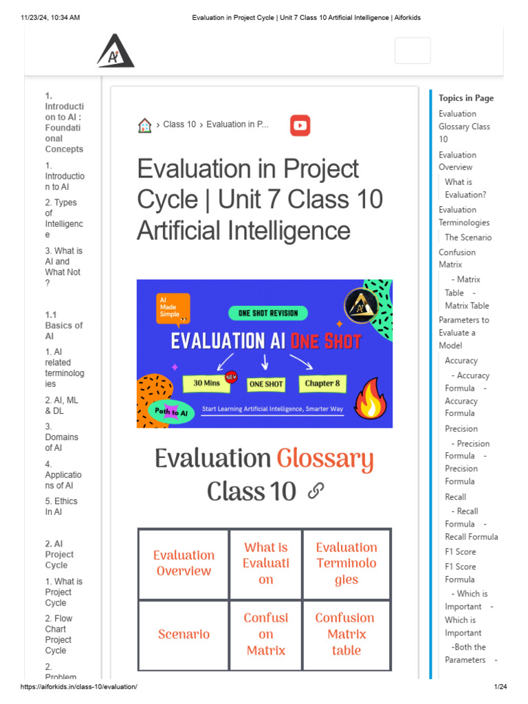 Evaluation in Project Cycle - Unit 7 Class 10 Artificial Intelligence - Aiforkids | PDF ...
