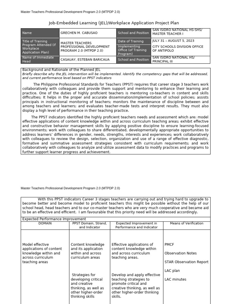 CABUSAO GRECHEN WAP JEL-Plan | PDF | Educational Assessment | Mentorship