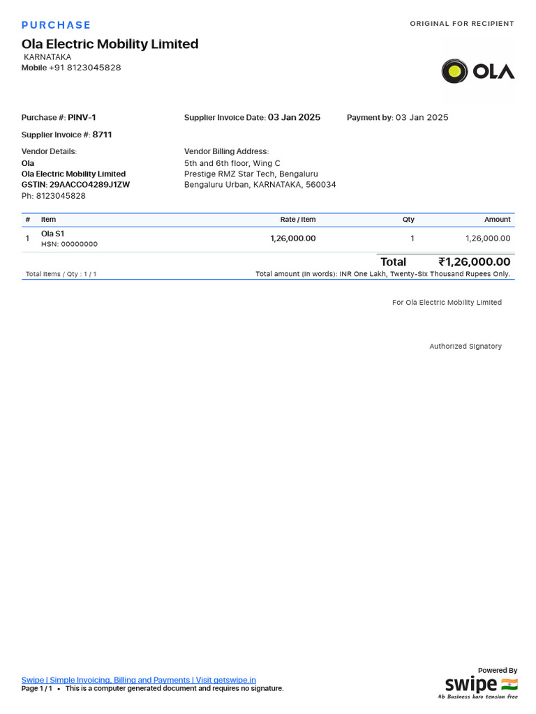Ola Electric Scooter Purchase Invoice | PDF